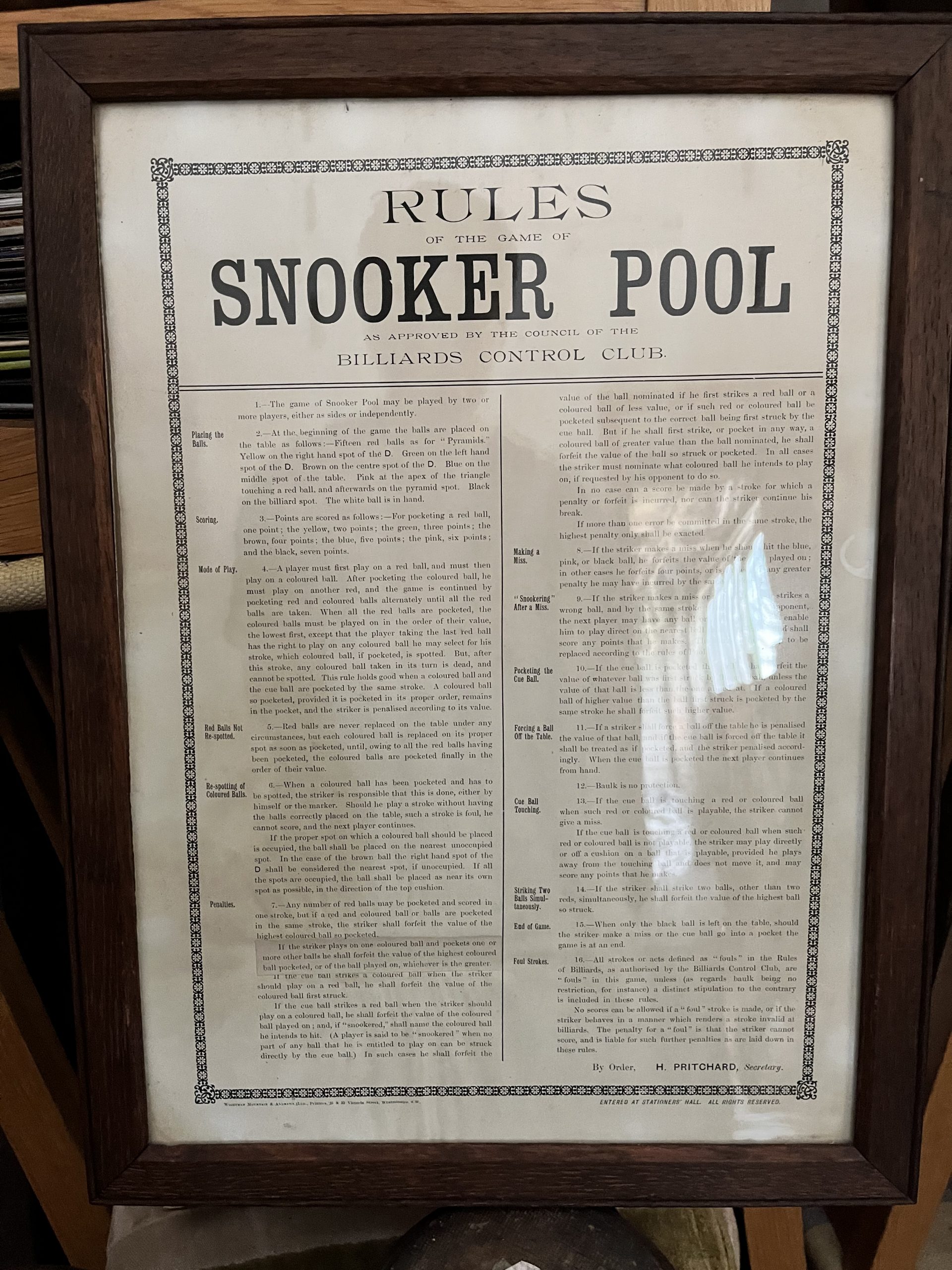 Framed Snooker Pool Rules - John Bennett Billiards