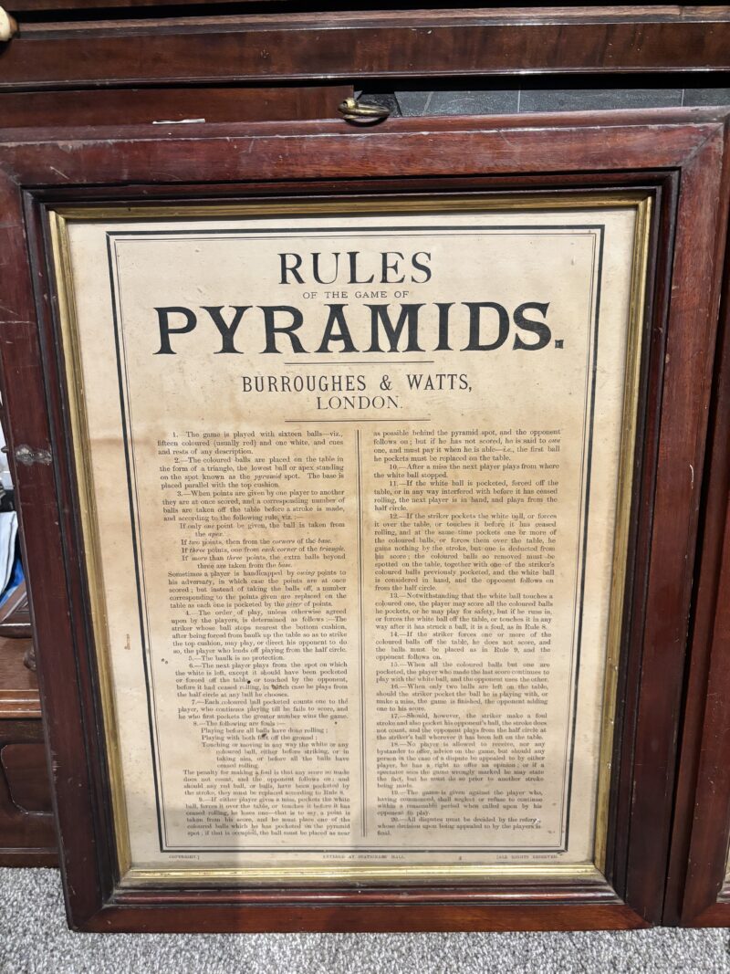 Burroughes & Watts Framed Pyramid Rules - John Bennett Billiards
