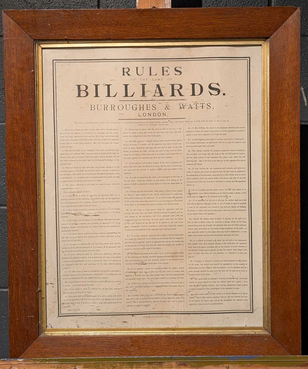 Burroughes & Watts Framed Billiard Rules - John Bennett Billiards